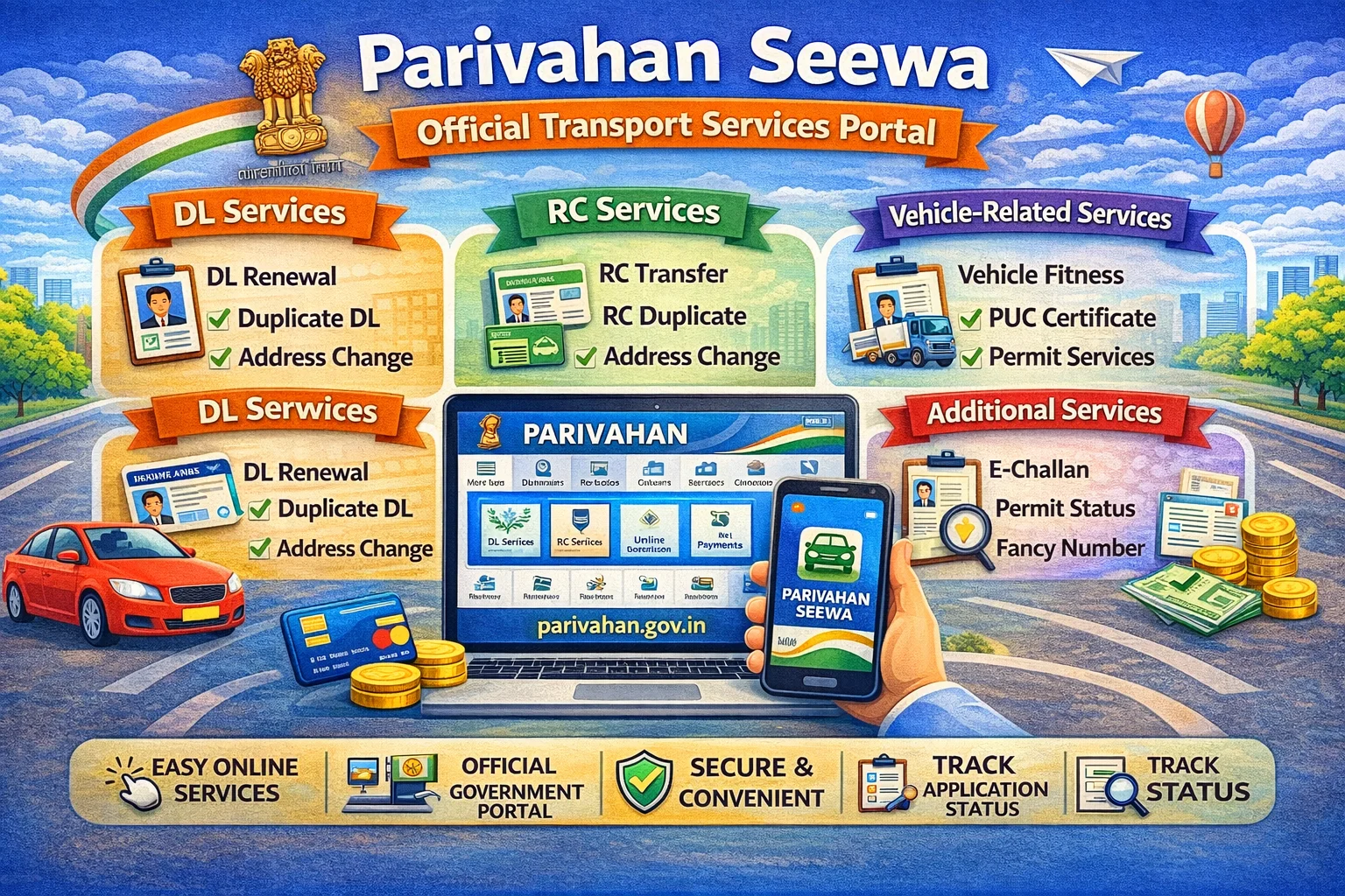 Parivahan Seewa | DL, RC, eChallan & Vehicle Services Online